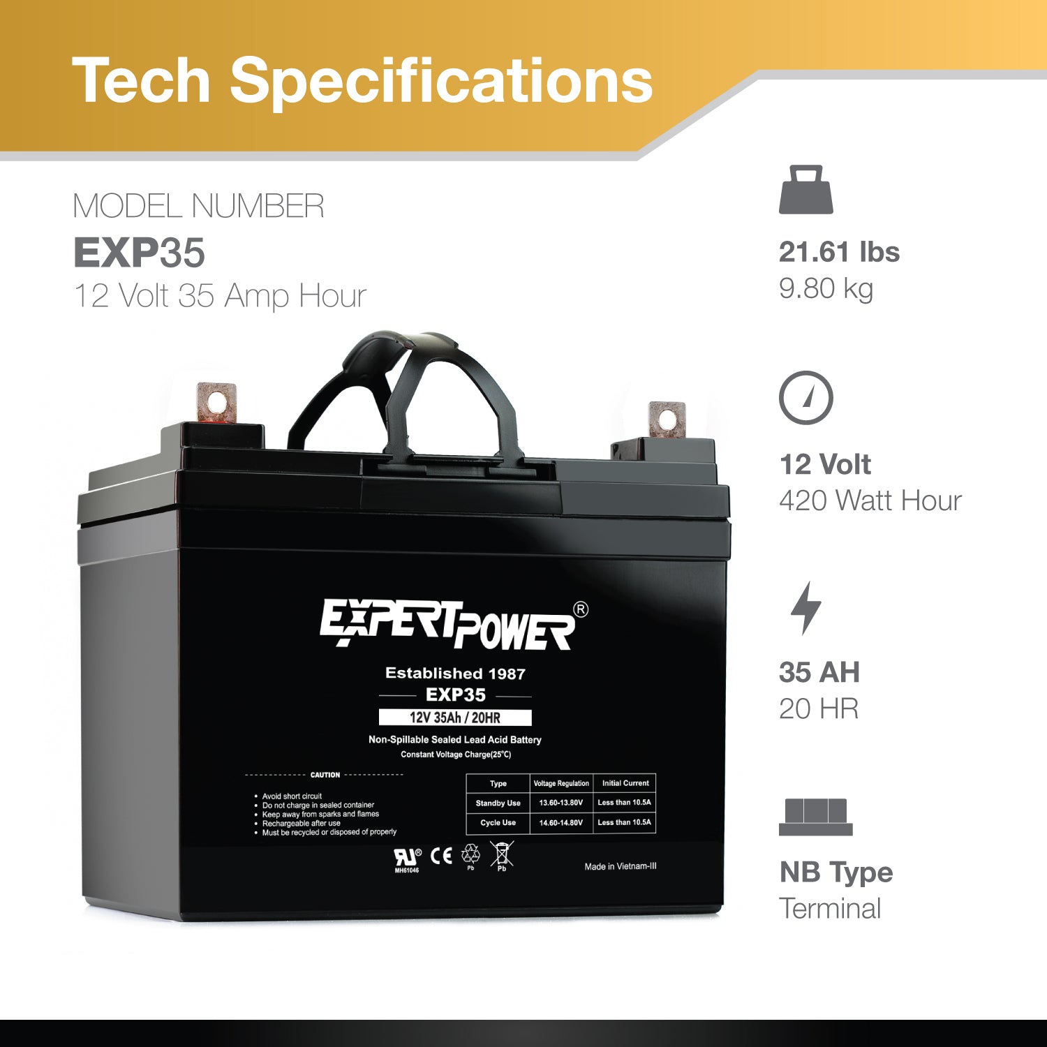 12V 35Ah AGM / 100W / 10A PWM | ExpertPower Direct