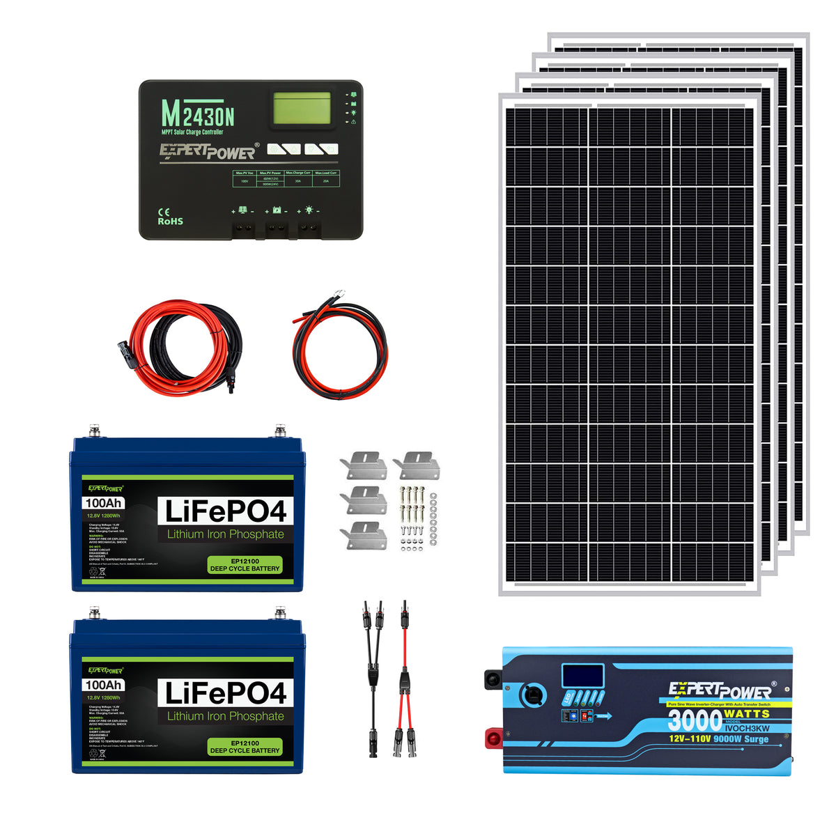 12V 200Ah & 400W Off-Grid Solar System Kit | 3000W Pure Sine Wave ...